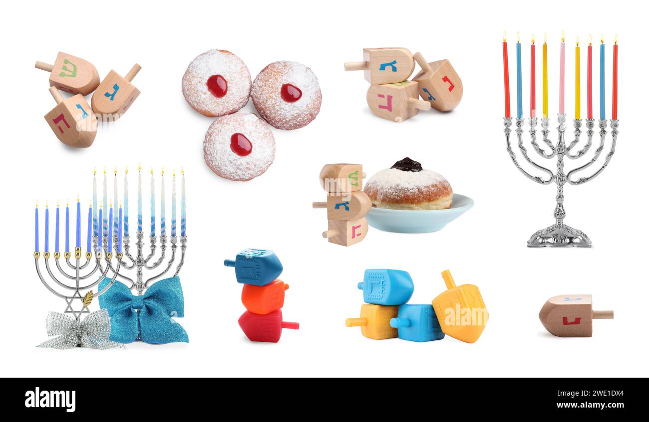 Hanukkah celebration. Menorahs, donuts and dreidels isolated on white ...