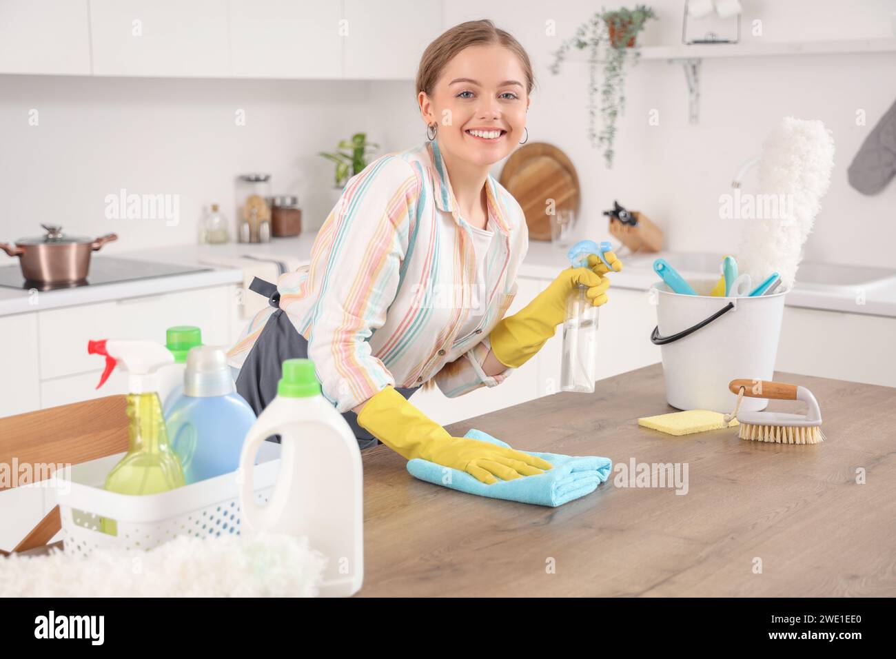 Female janitor cleaning table in kitchen Stock Photo - Alamy