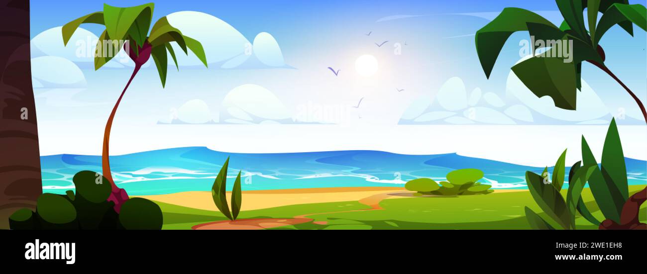 Sea beach landscape with palm trees. Vector cartoon illustration of ...