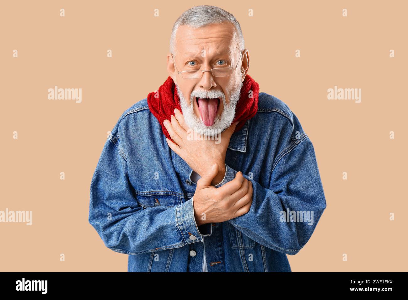 Ill old man with sore throat on beige background Stock Photo - Alamy