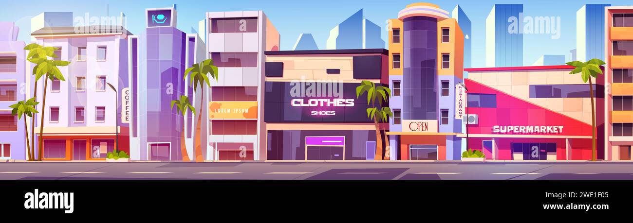 Modern city street with shops and road. Vector cartoon illustration of ...