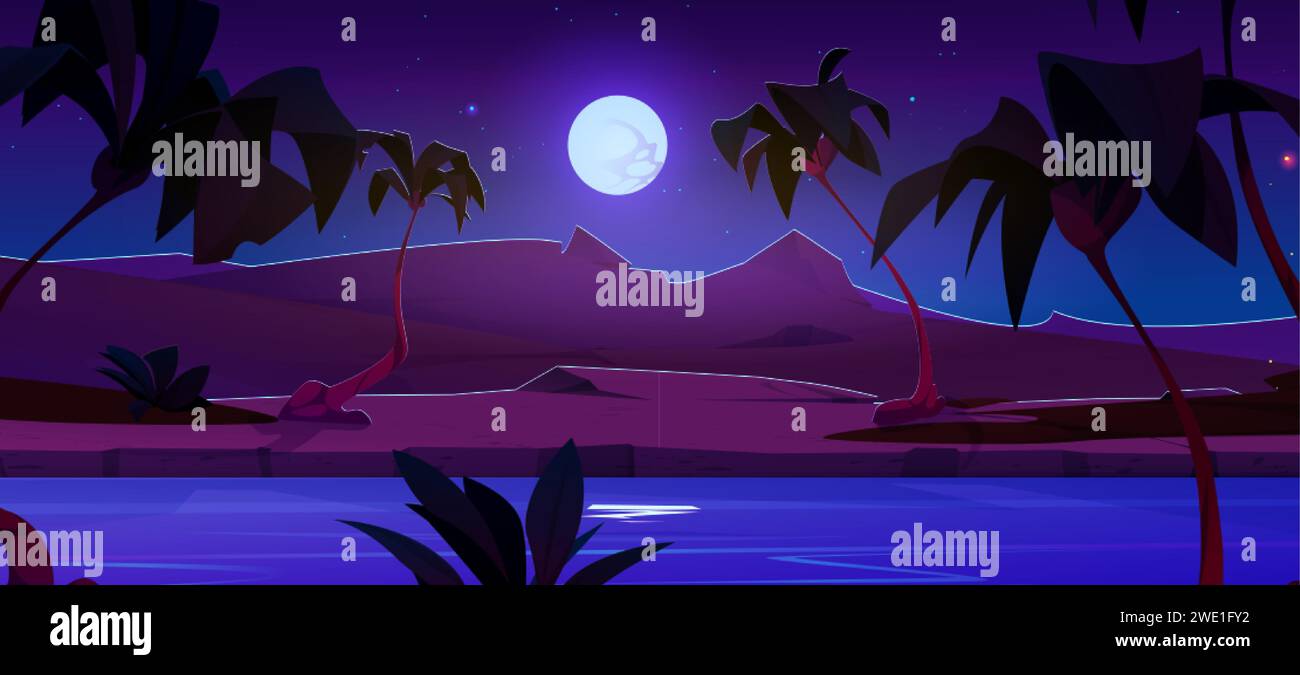 Night landscape with desert river. Vector cartoon illustration of ...