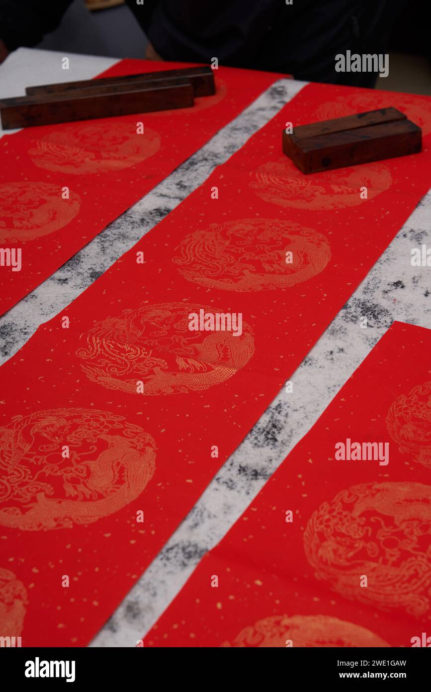 Close-up of blank red spring couplets calligraphy paper for Chinese New ...