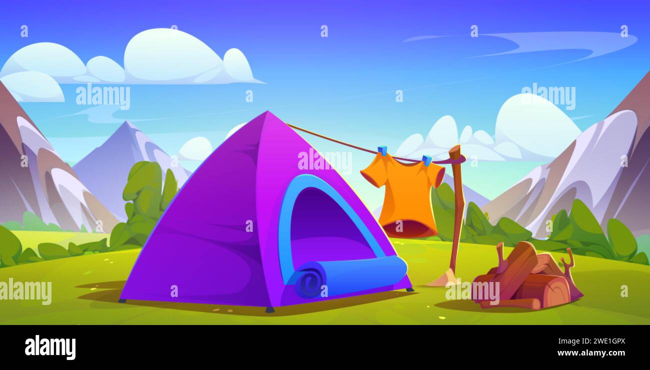 Camp tent in mountain valley. Vector cartoon illustration of beautiful natural landscape, summer ...