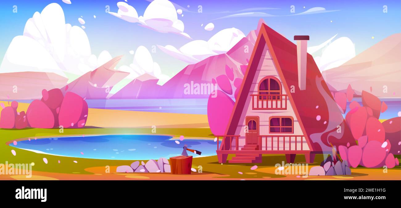 Rural cottage near mountain lake in spring. Vector cartoon illustration ...
