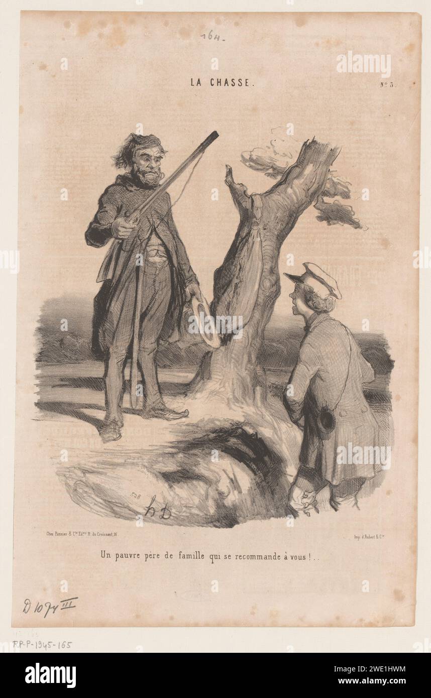 Hunter robbed by a robber with gun, Honoré Daumier, 1843 Paris paper ...