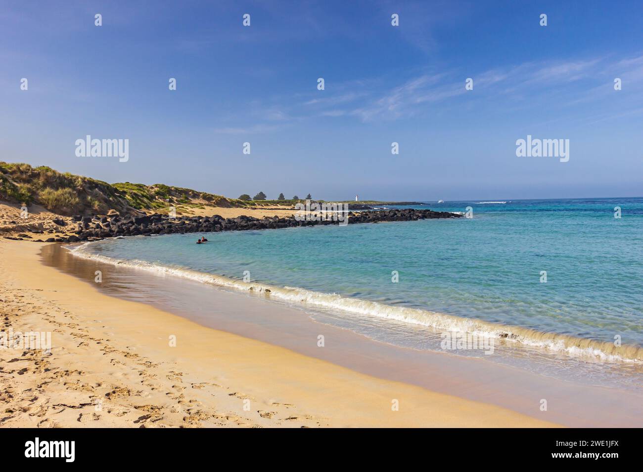The beach on Griffiths Island of Port Fairy in Victoria, Australia ...