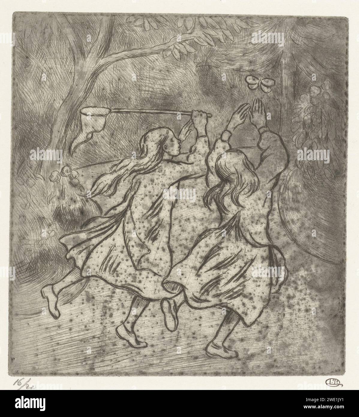 Two girls catch the butterflies, Lucien Pissarro, 1873 - 1944 print Two ...