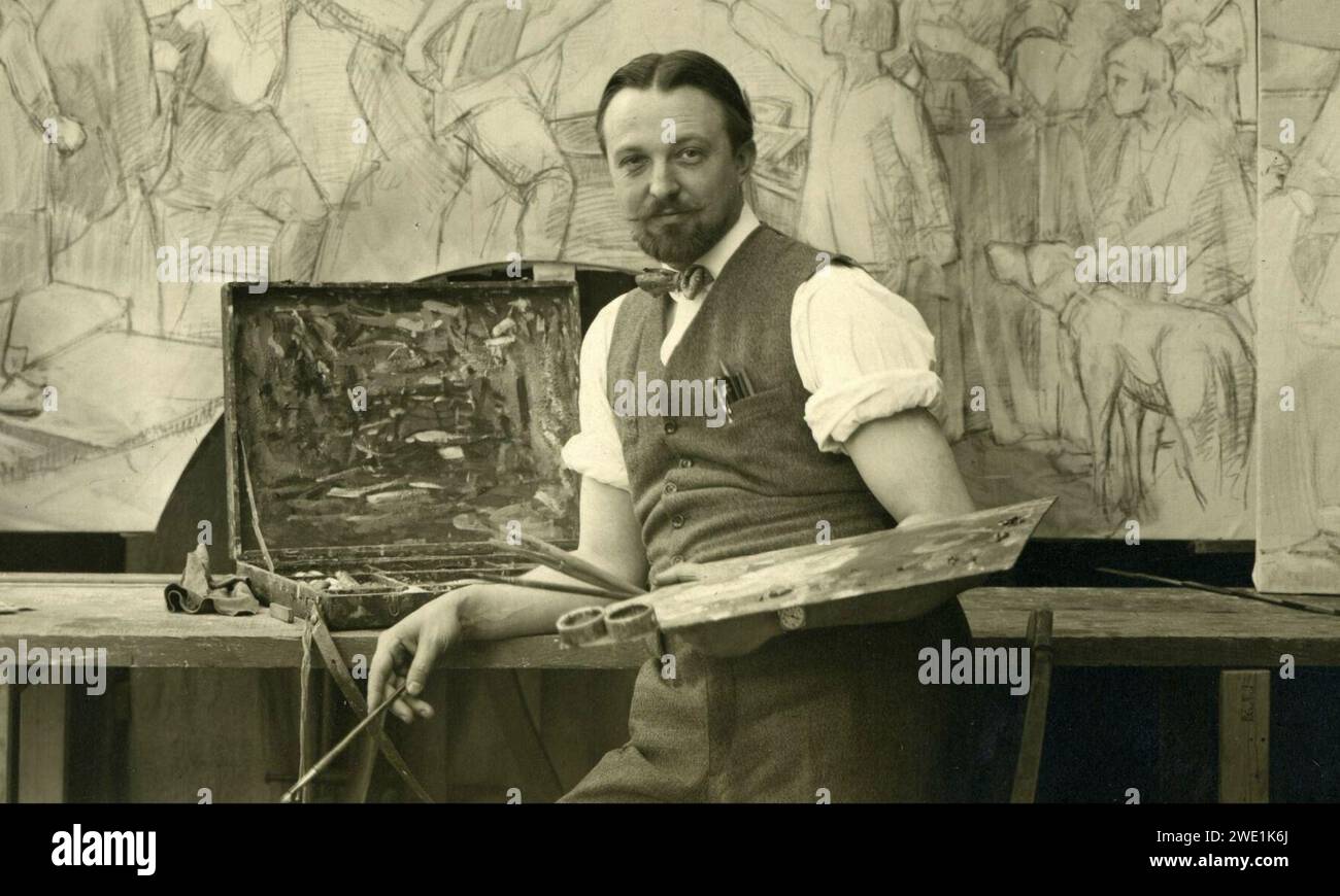 Alfred Martin devant son triptyque ''La Vierge du pont des Arches ...