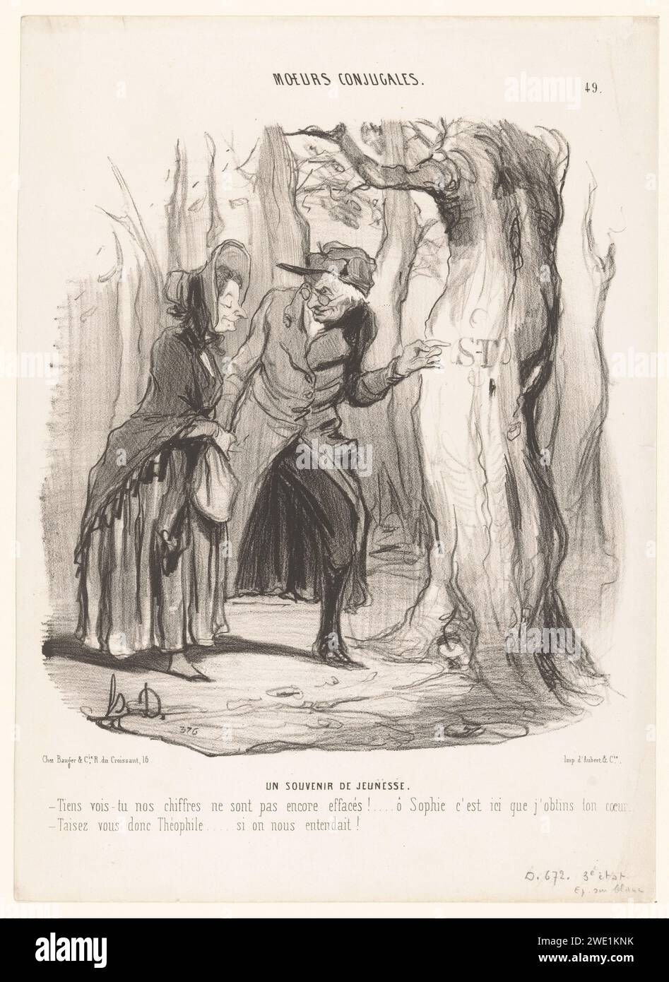 Old couple views their initials, Honoré Daumier, 1842 in a tree bark ...