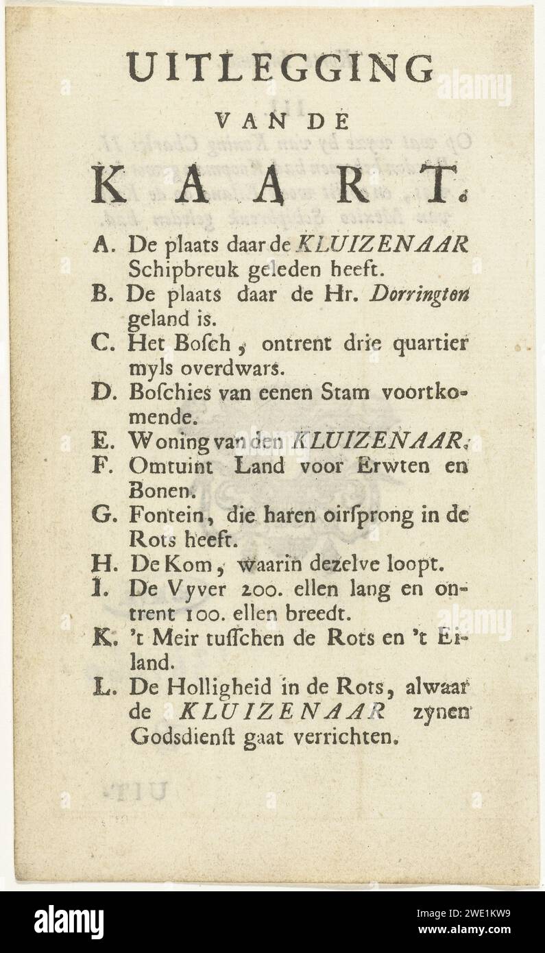 Explanation of the map, Jan Daniel Panne, 1728 print Text bath with ...