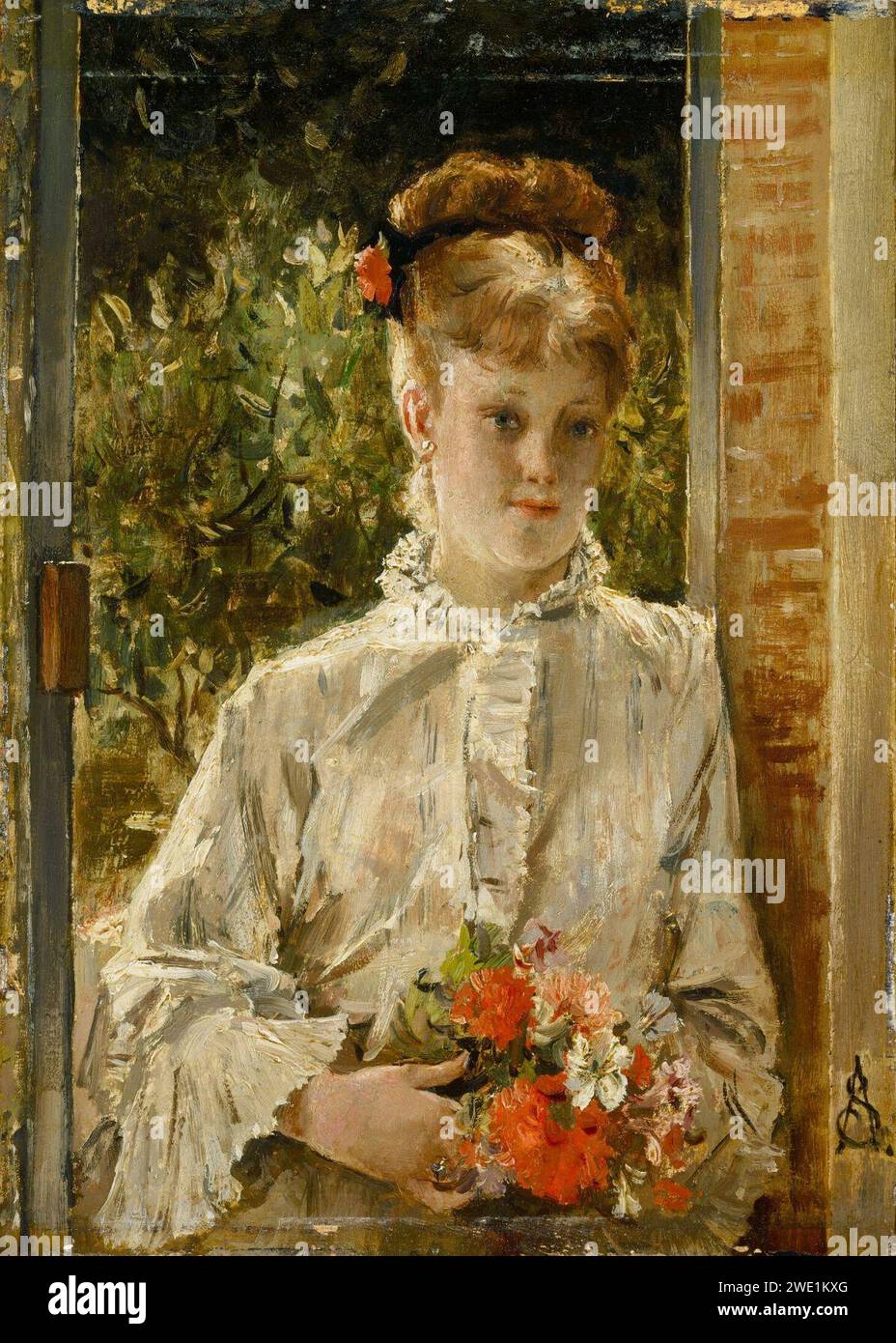 Alfred Stevens - Young Woman in White Holding a Bouquet Stock Photo - Alamy