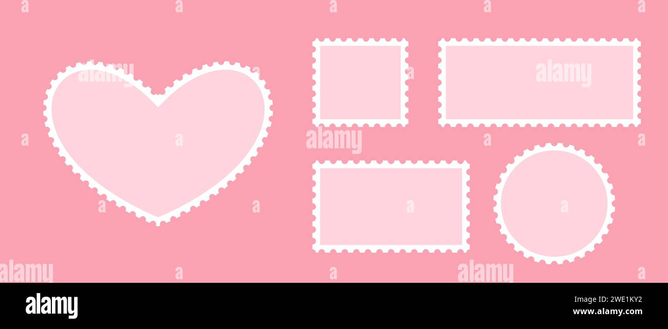 Valentines postage stamp set. Pink post stamp frame and border. Heart ...