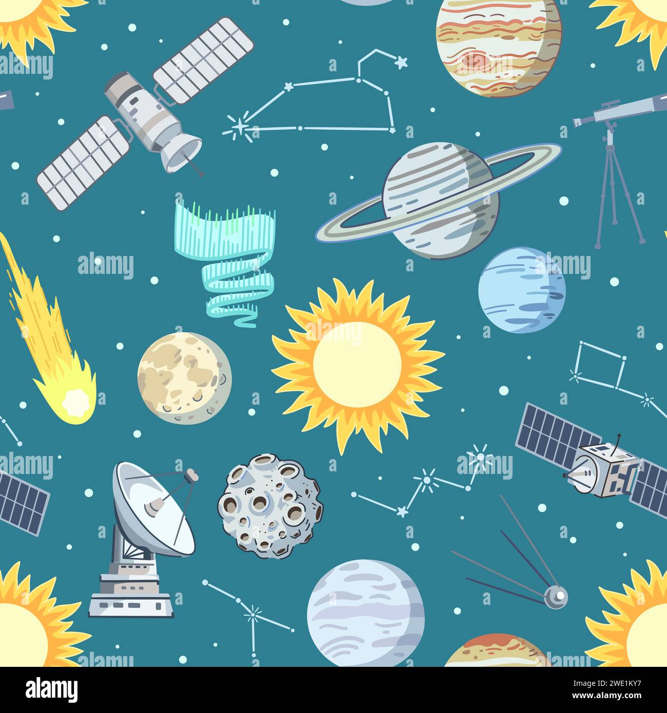 Seamless pattern with stars, planets and satellites in cosmos. Cartoon ...