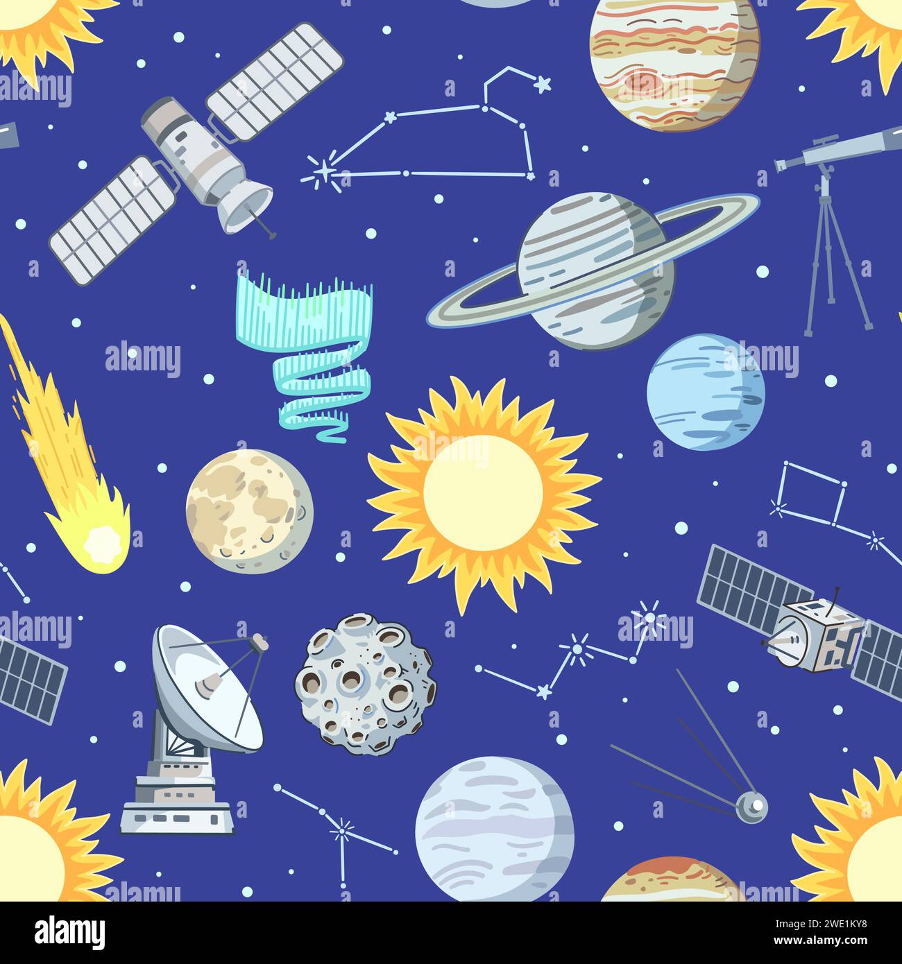 Seamless pattern with stars, planets and satellites in cosmos. Cartoon ...