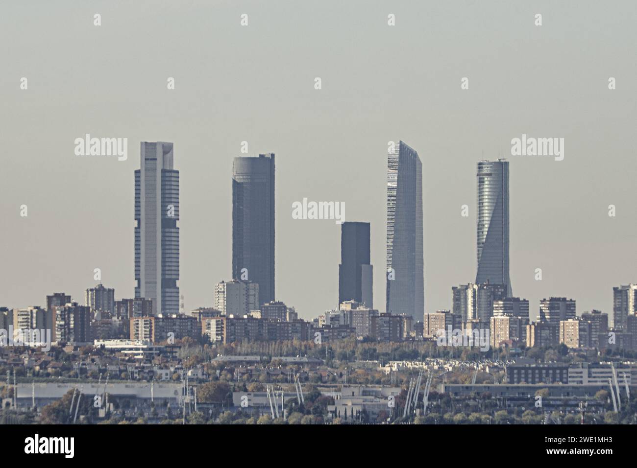 Skyline of the city of Madrid with the five tallest towers Stock Photo ...