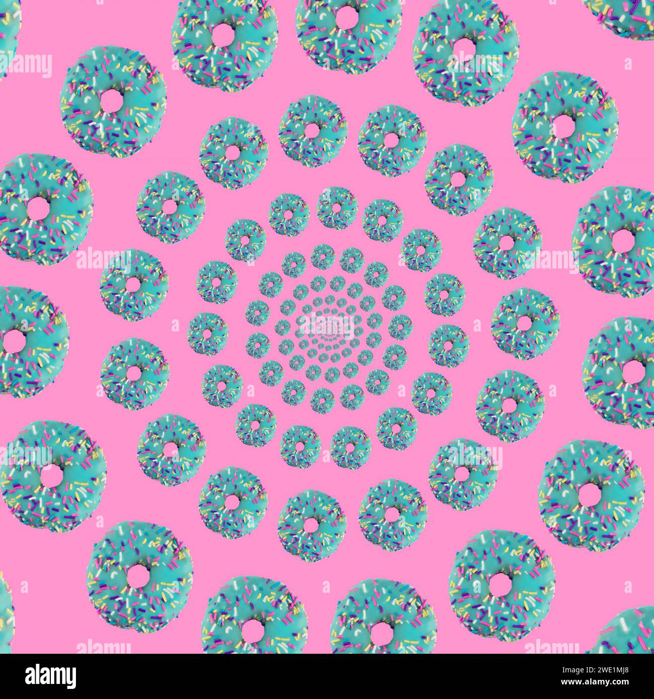 Teal blue donuts with sprinkles spiraling in circles on a pink ...