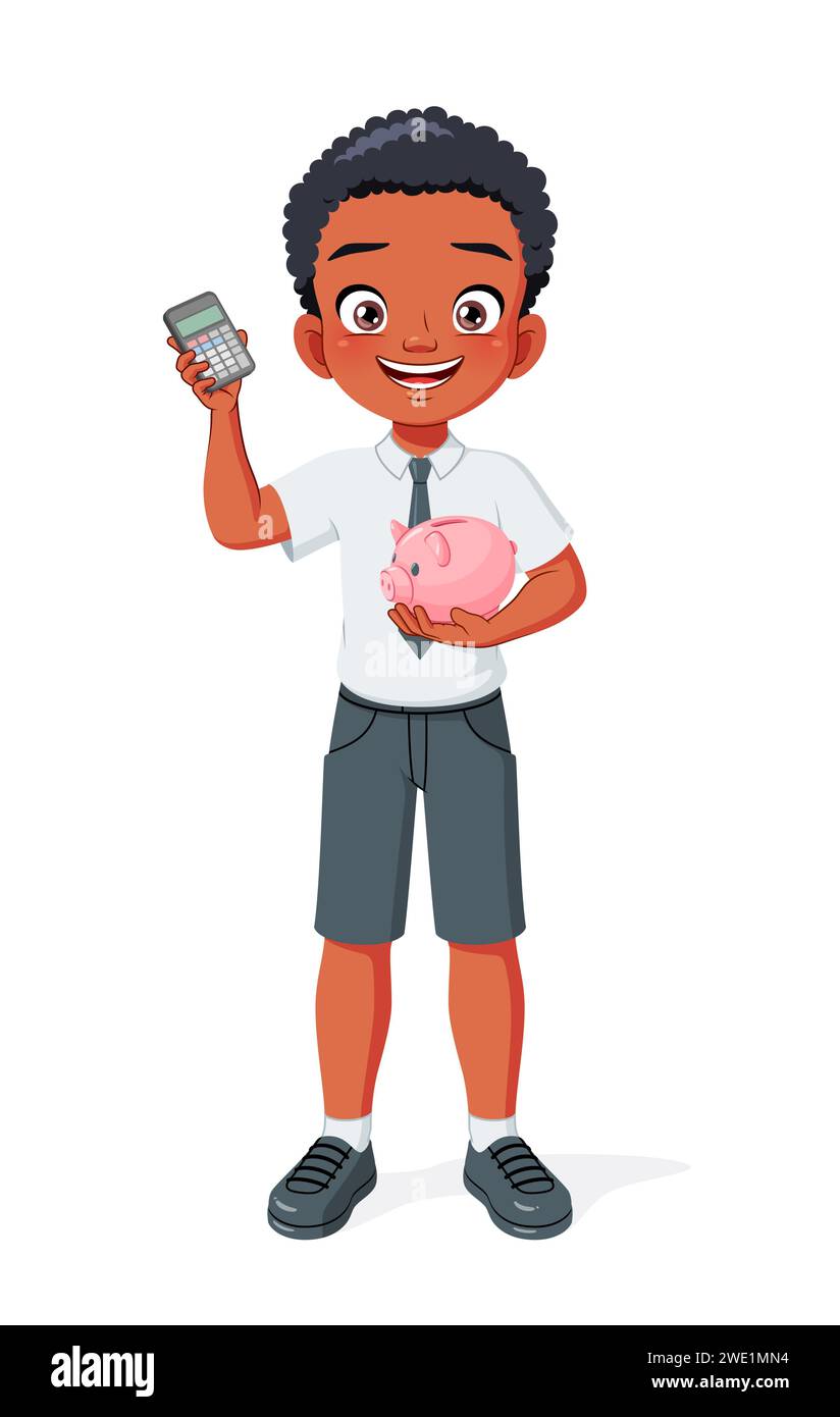 African American boy with piggy bank and calculator. Smart kid saving ...