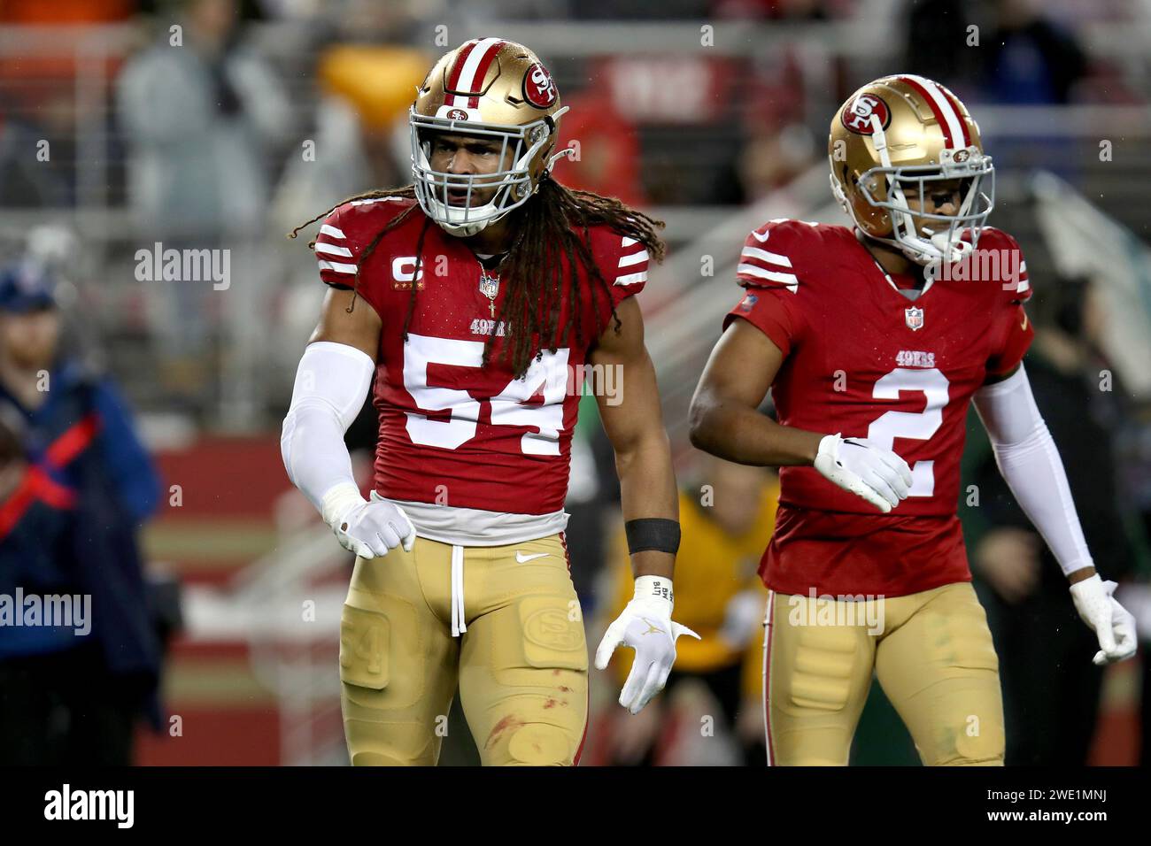 San Francisco 49ers linebacker Fred Warner (54) reacts after a play ...