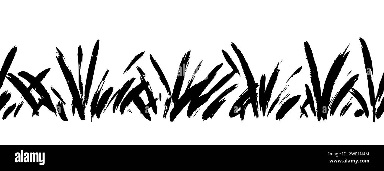 Grass doodle ink brush sketch seamless field border. Hand drawn vector ...