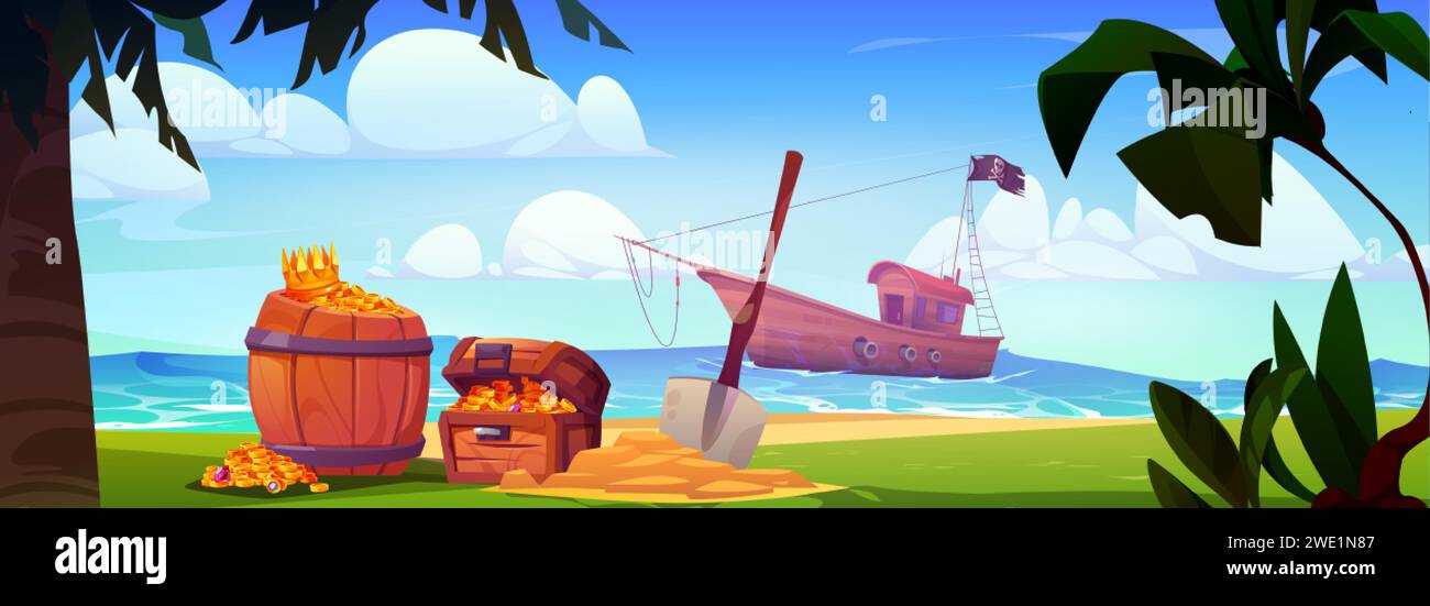 Pirates on black flagged ship came ashore to hide and bury treasure ...