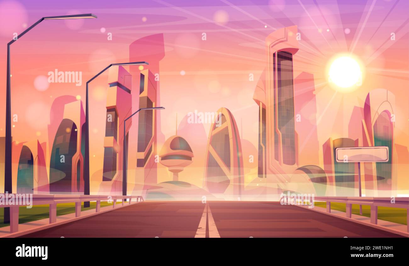 Highway to futuristic city with high-tech skyscrapers. Vector cartoon ...