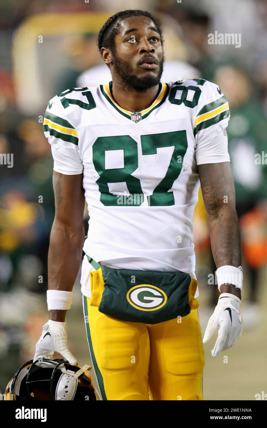Green Bay Packers wide receiver Romeo Doubs (87) stands on the sideline ...