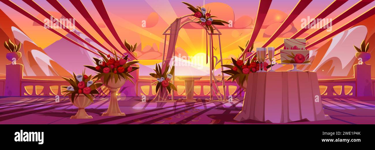 Wedding ceremony scene near mountain lake. Vector cartoon illustration ...