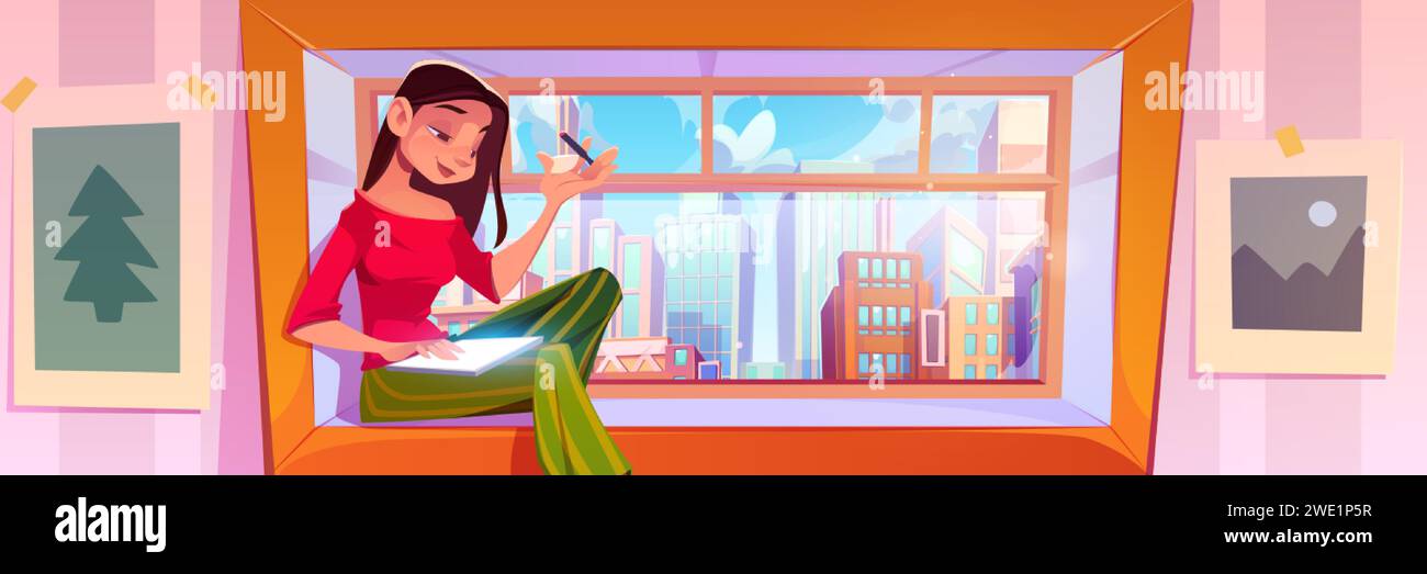 Young woman using tablet with pen sitting on windowsill overlooking ...