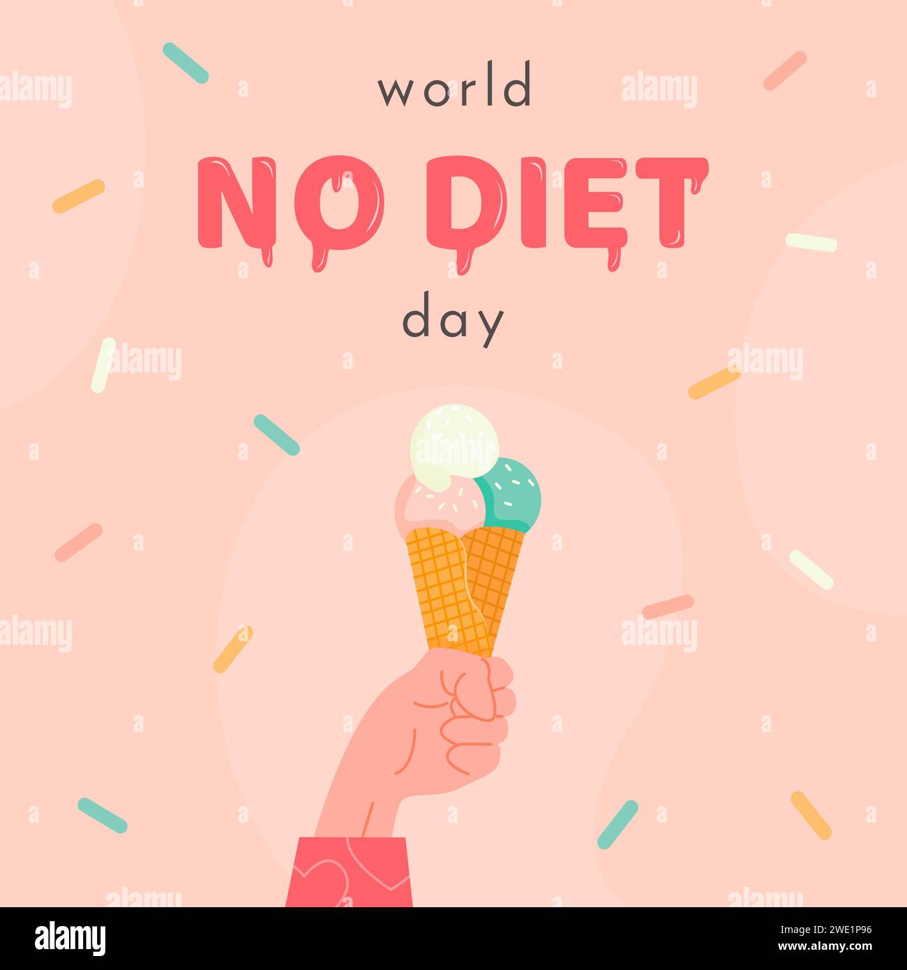 World No Diet Day. Banner with hand holding an ice cream with scoops in ...