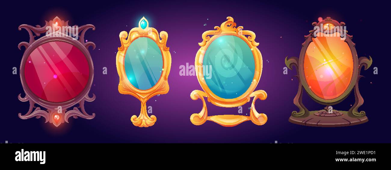 Magic vintage mirror with golden, wooden and metallic curly decorative ...