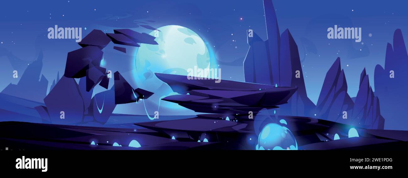 Fantasy alien planet landscape at night. Vector cartoon illustration of ...