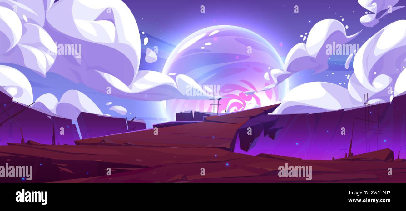 Purple alien landscape with planet rocky ground surface with cliff, sky ...