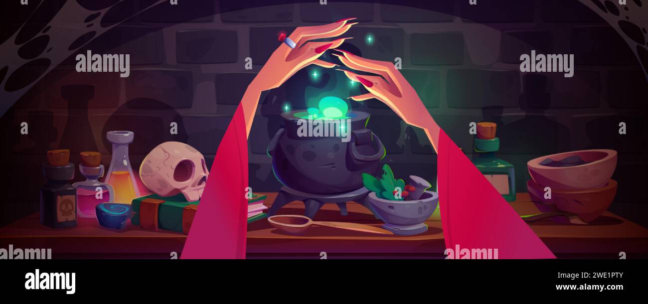 Witch hands conjuring over cauldron with brewing green glowing potion ...