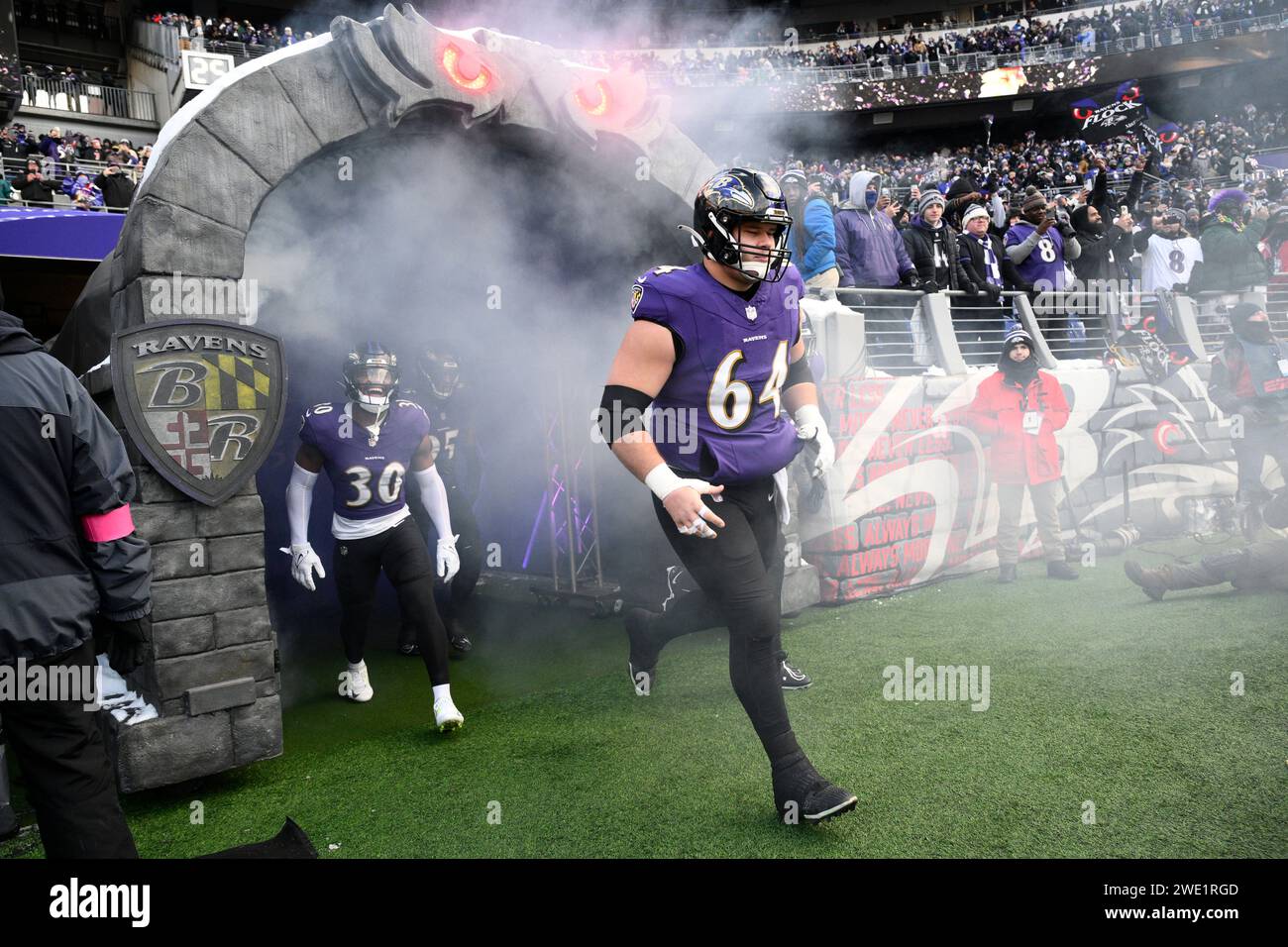Baltimore Ravens center Tyler Linderbaum (64) takes to the field before ...
