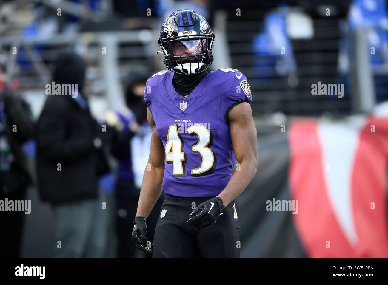 Baltimore Ravens running back Justice Hill (43) works out before an NFL ...