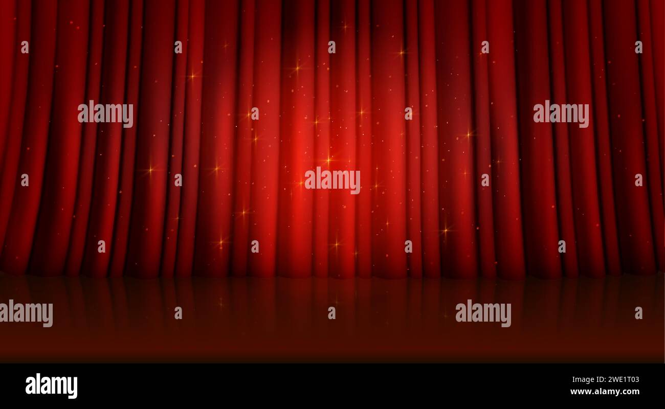 Closed red theater or cinema curtain on stage with circle spotlight and ...