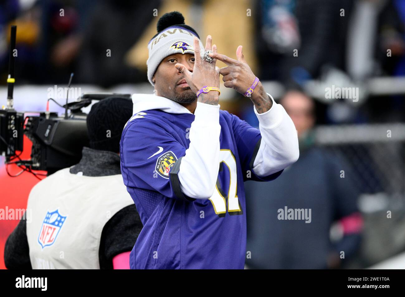 Former Baltimore Ravens player Jacoby Jones is recognized before an NFL ...