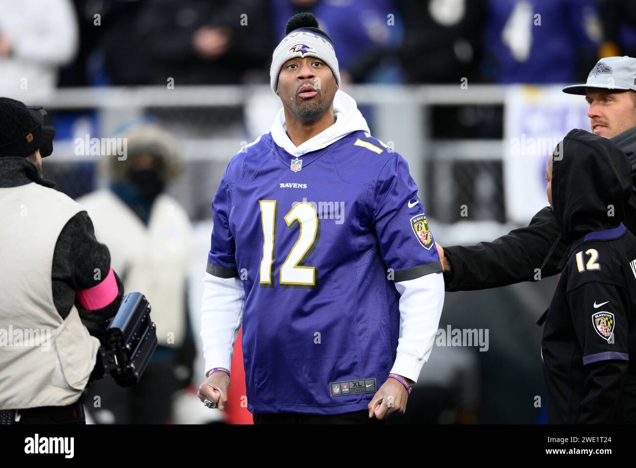 Former Baltimore Ravens player Jacoby Jones is recognized before an NFL ...