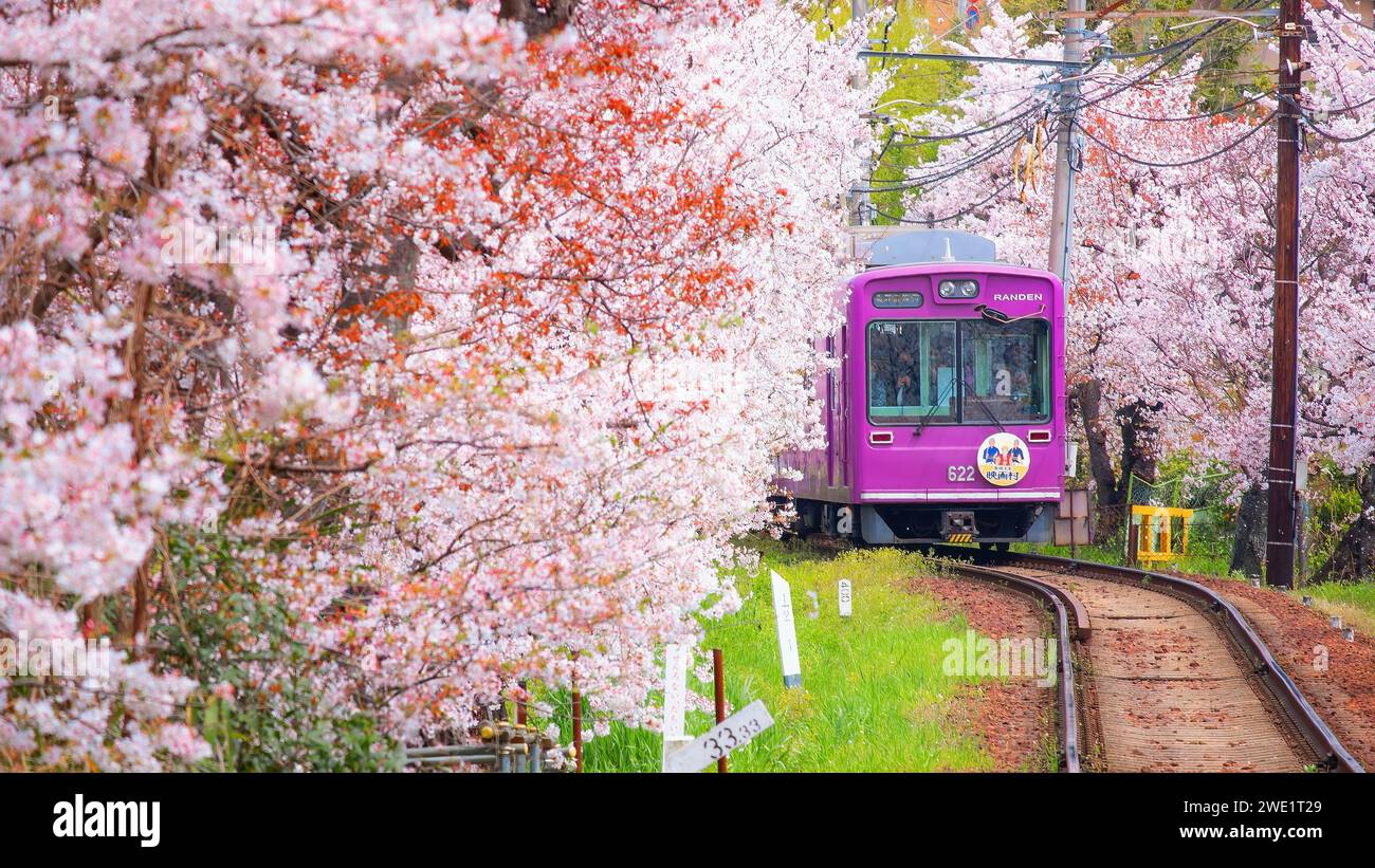 Kyoto, Japan - March 31 2023: Keifuku Tram is operated by Keifuku ...