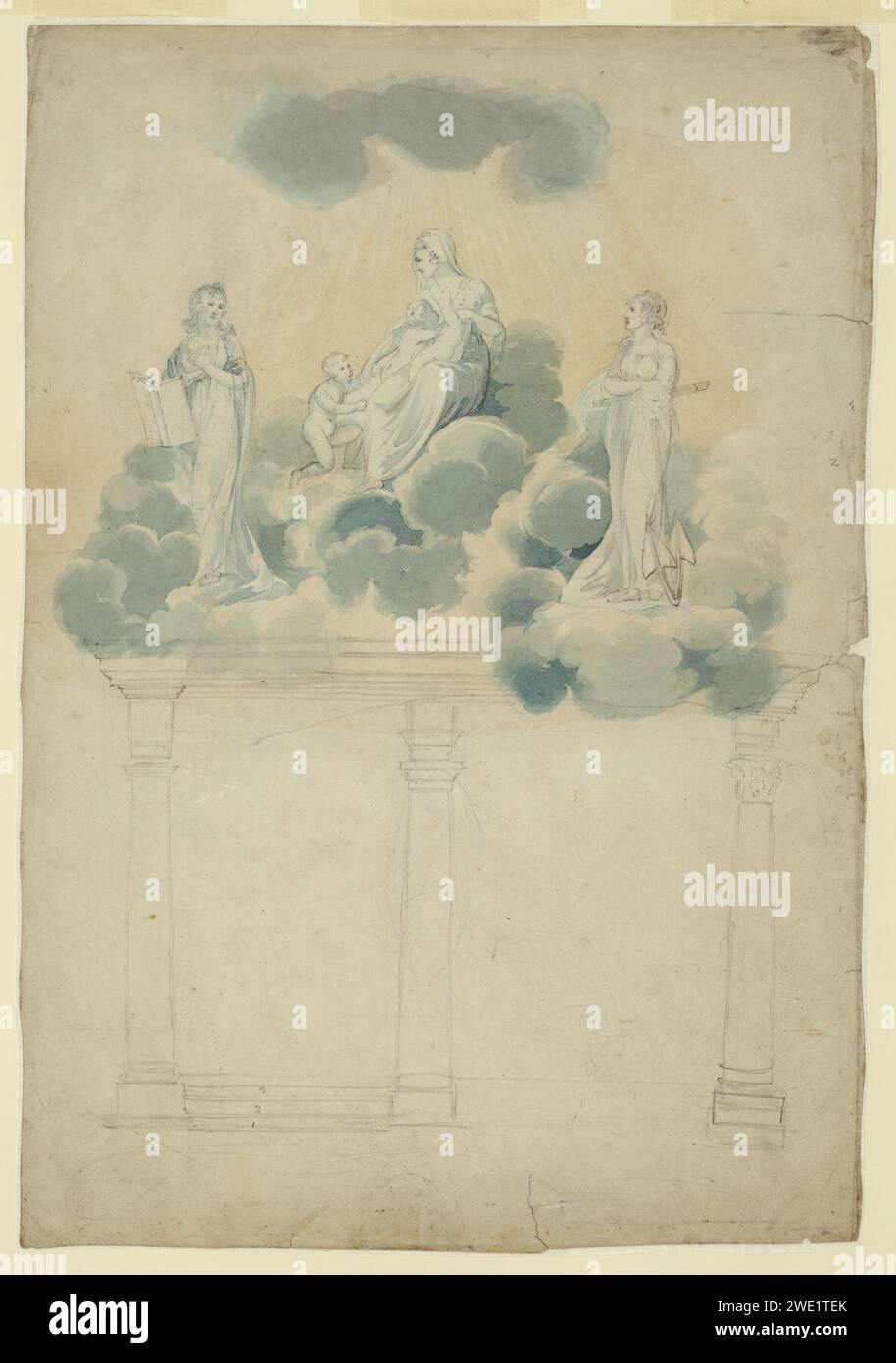 Allegorical scene of female figures in clouds atop columns Stock Photo ...