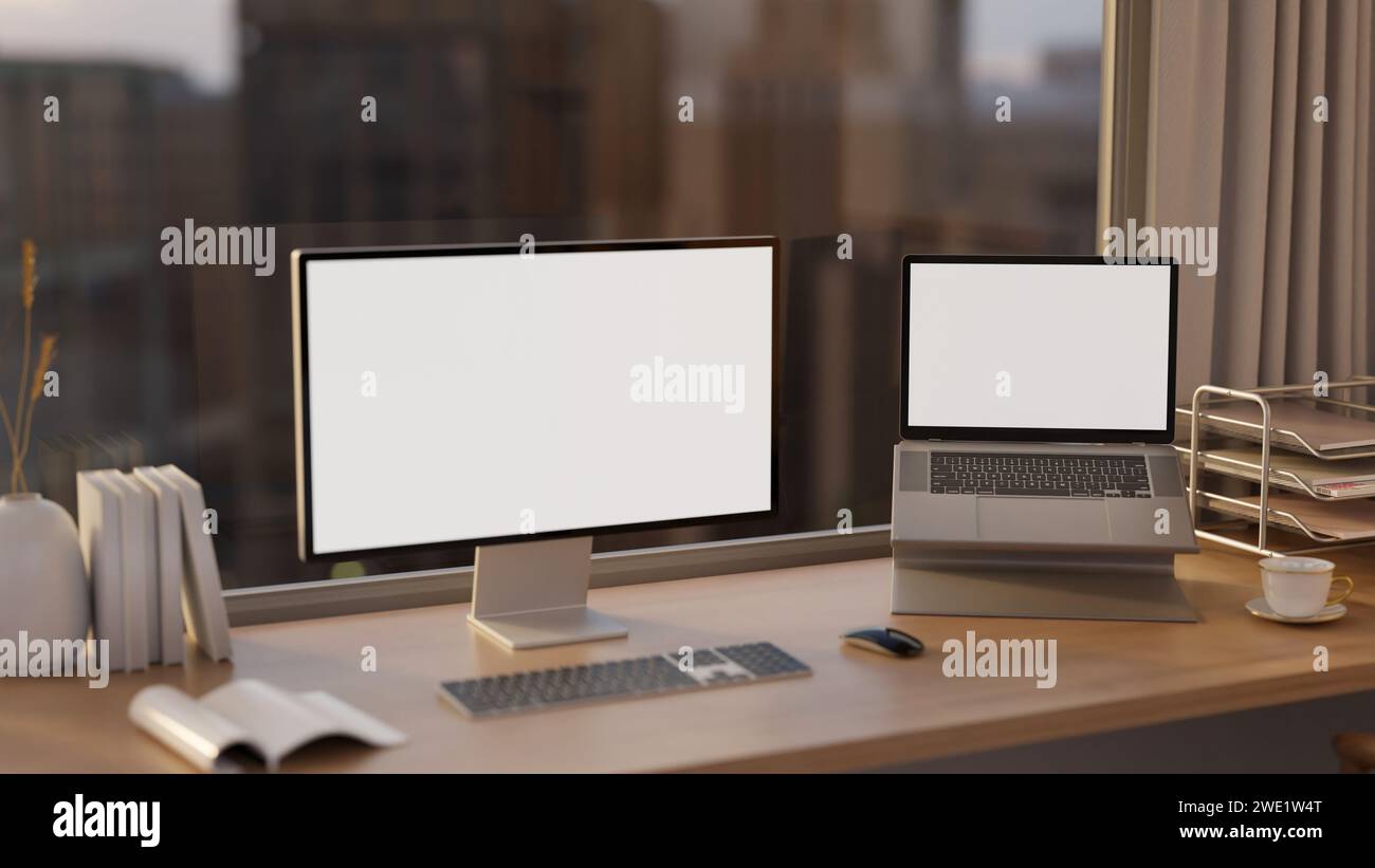 A modern office on a skyscraper with multiple computer screen, A PC and ...