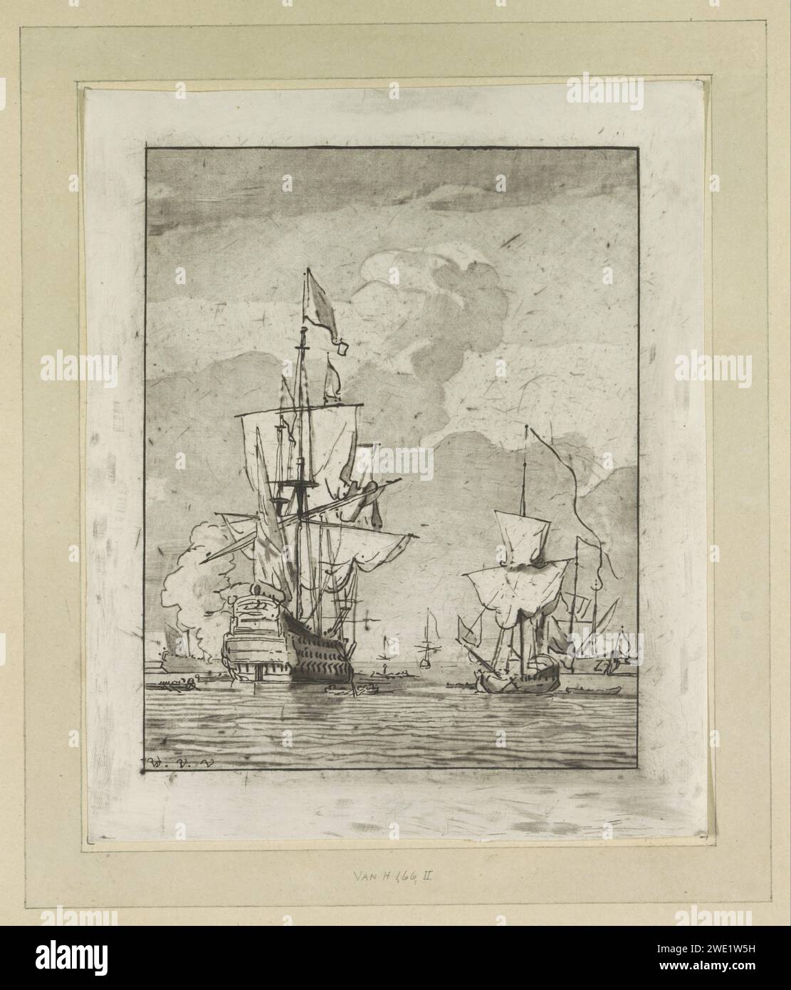 War ship Losing a shot, Cornelis Ploos van Amstel, After Willem van de ...