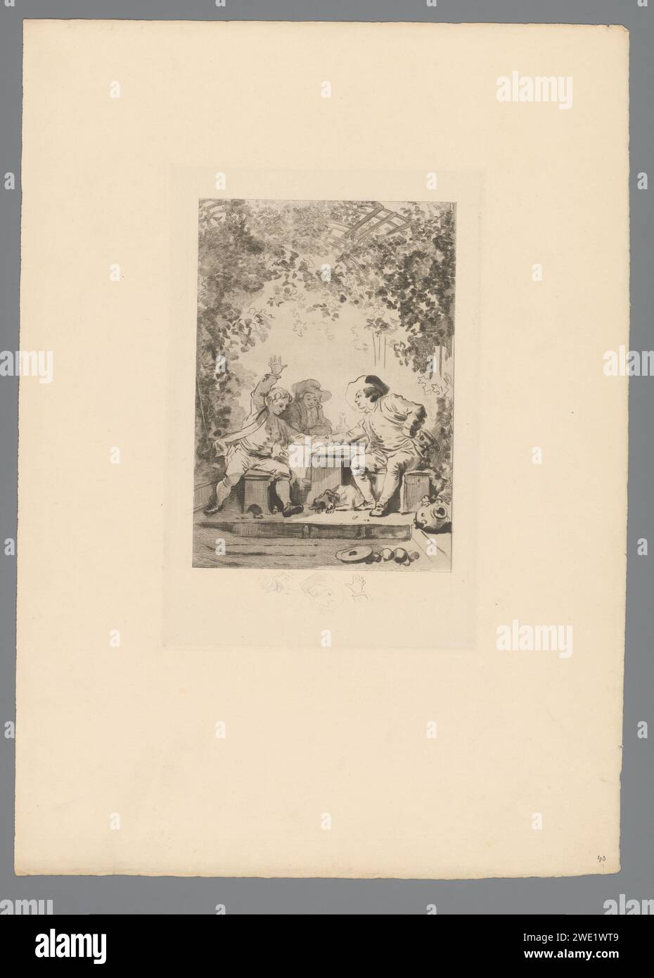 Reproduction from a print to a drawing of three men at a table ...