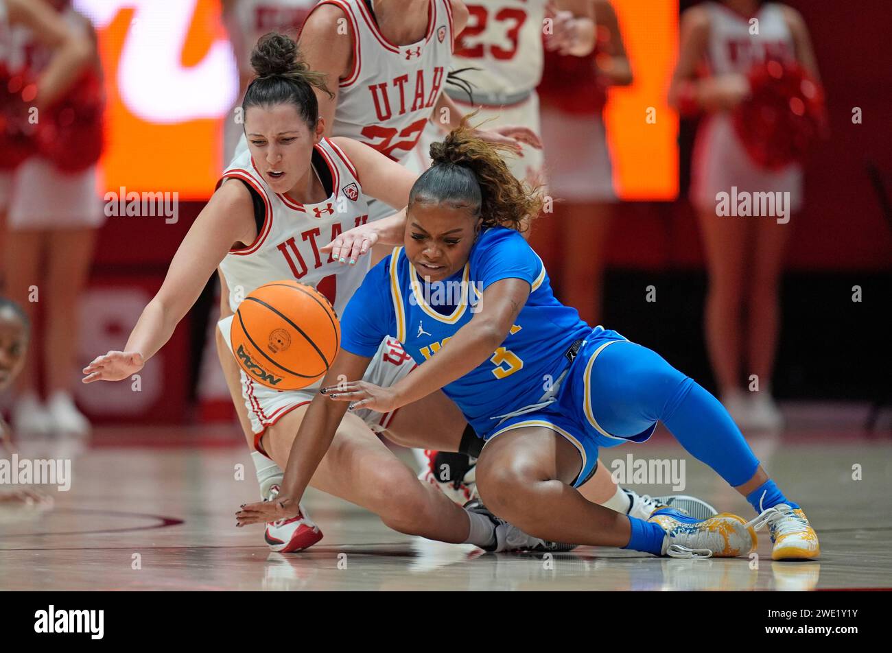 Utah guard Isabel Palmer, left, and UCLA guard Londynn Jones (3) battle ...