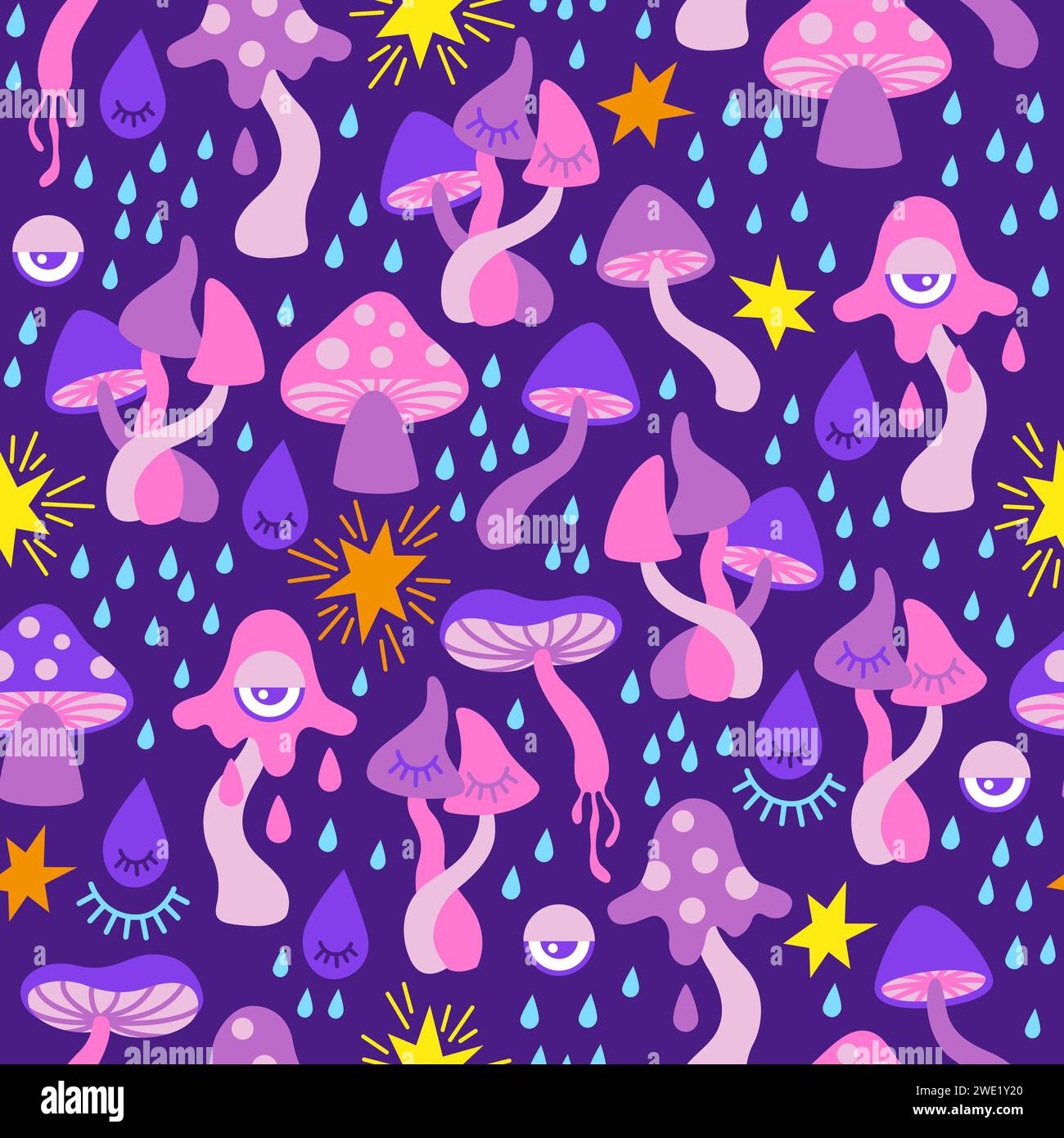 Vector seamless pattern of psychedelic neon mushrooms. Crazy mushrooms ...