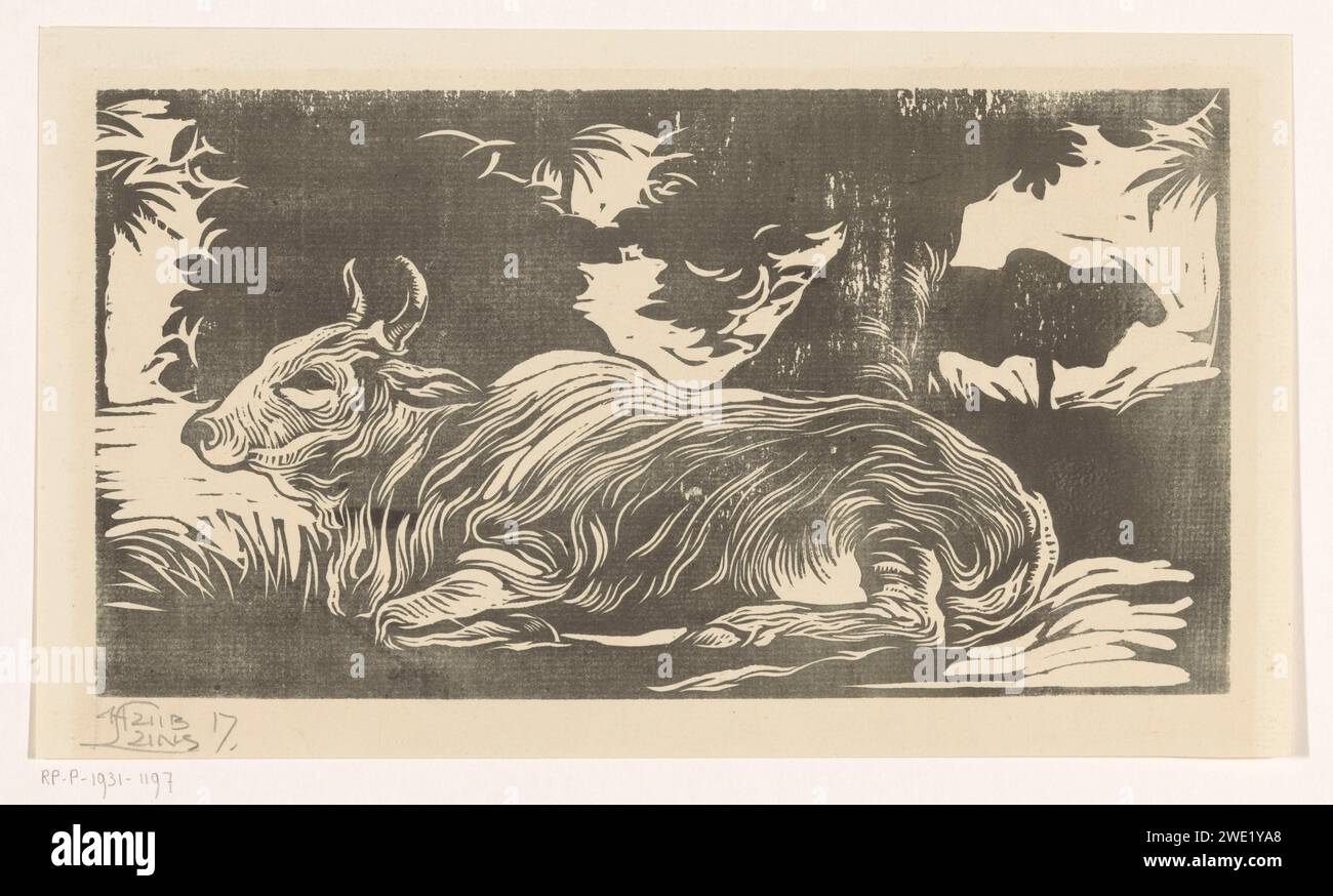 Lying Zebu, Huib Luns, 1917 print On the right in the background the ...