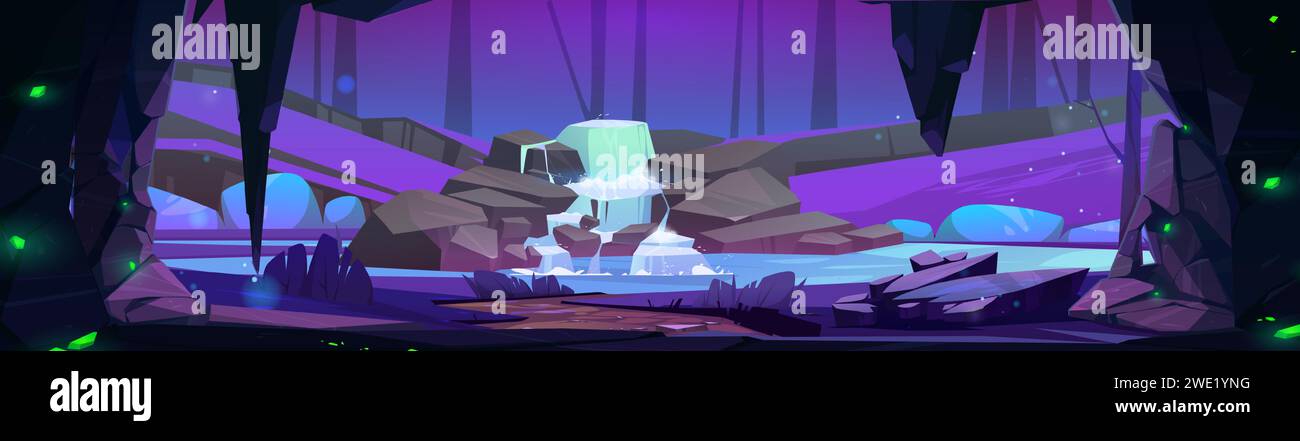 View on cascade waterfall in forest at night from cave through entrance ...