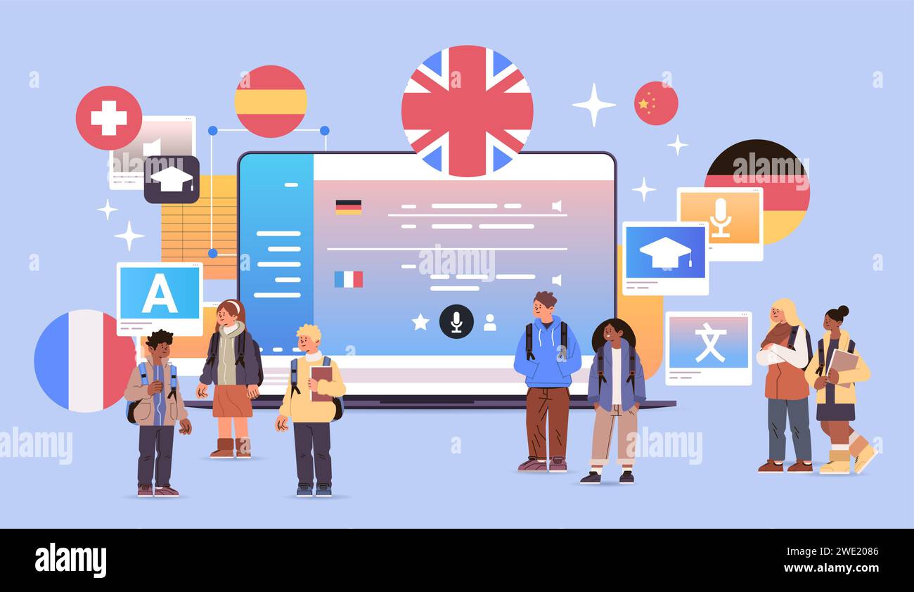 mix race students learning language on laptop online education e ...