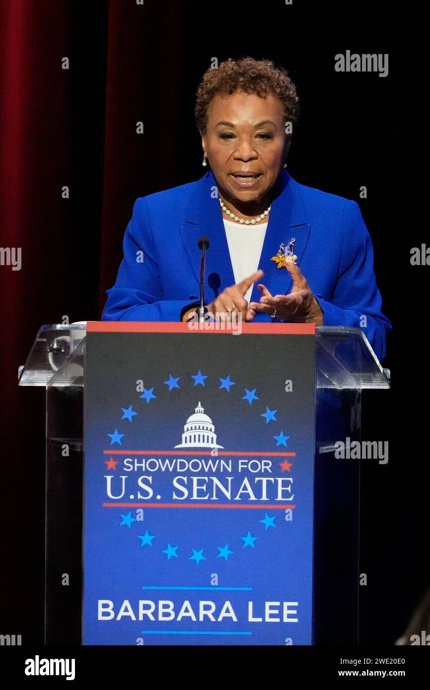 U.S. Rep. Barbara Lee, D-Calif., speaks during a televised debate for ...